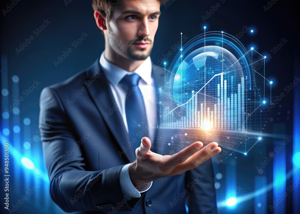 Male entrepreneur's hand interacts with futuristic 3D holographic interface, displaying growth ...