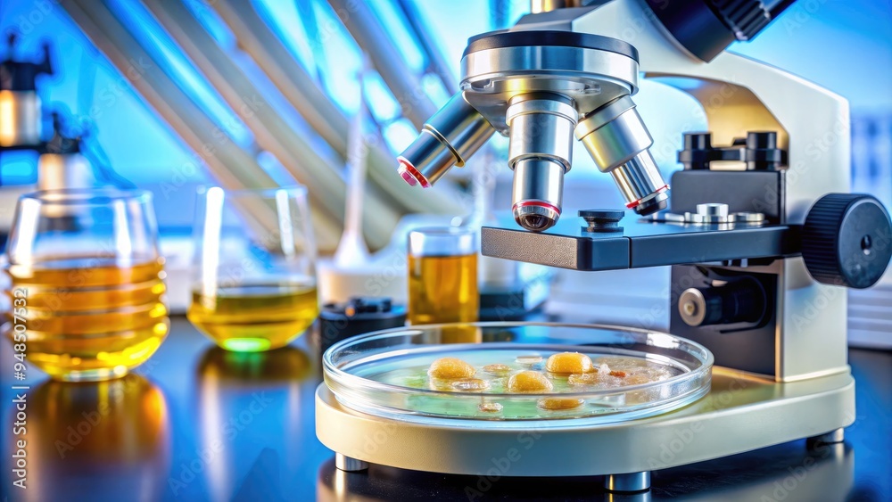 Microscopic lens focusing on a Petri dish containing a cell sample ...