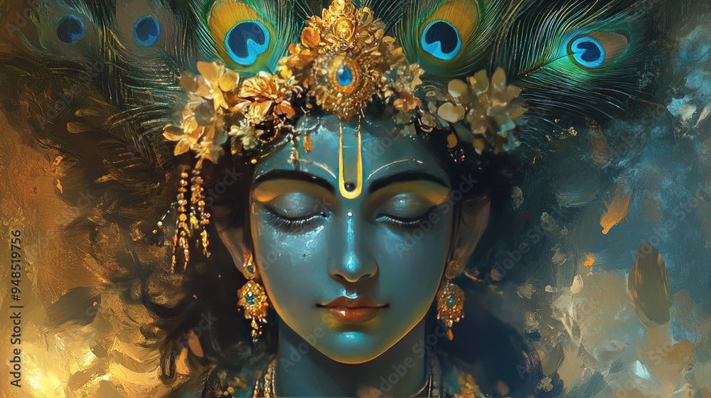 Beautiful digital painting of Lord Krishna with a peacock feather crown ...