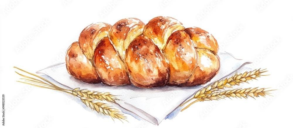 Watercolor illustration of traditional Jewish challah bread hand drawn ...