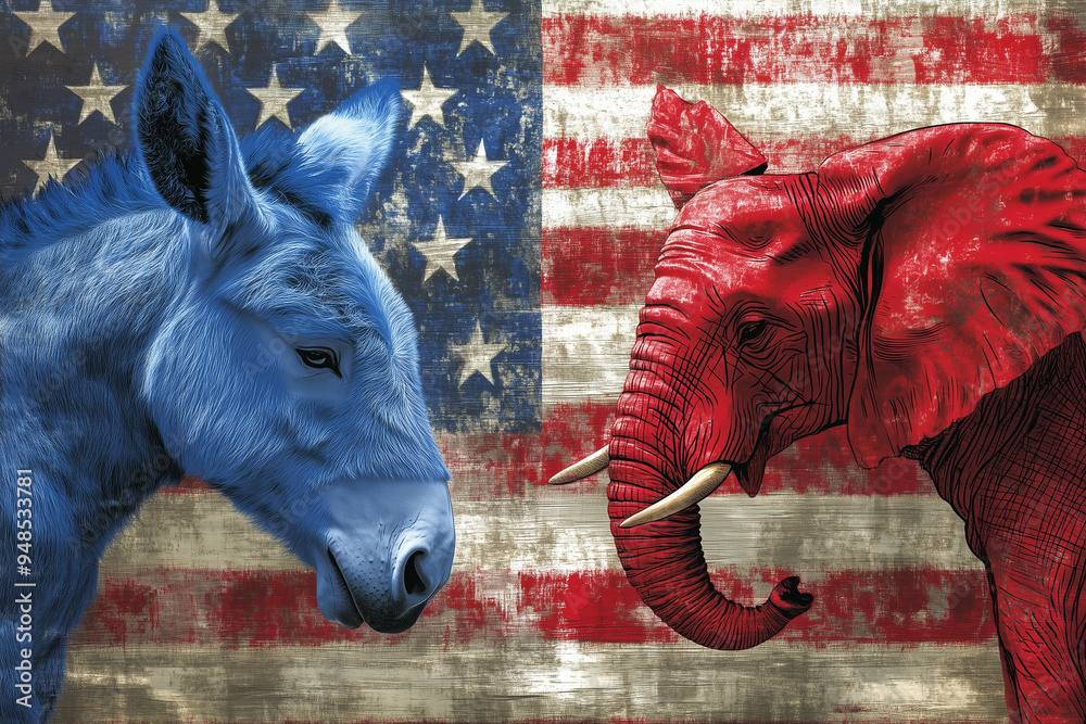 Blue donkey and red elephant on US flag background, democrat and ...