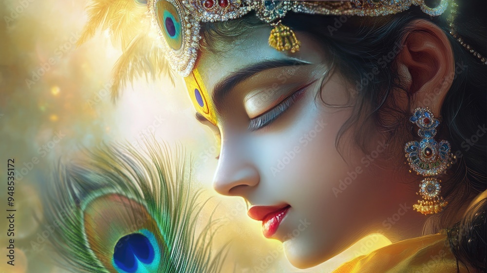 Divine digital painting of Lord Krishna adorned with a peacock feather ...