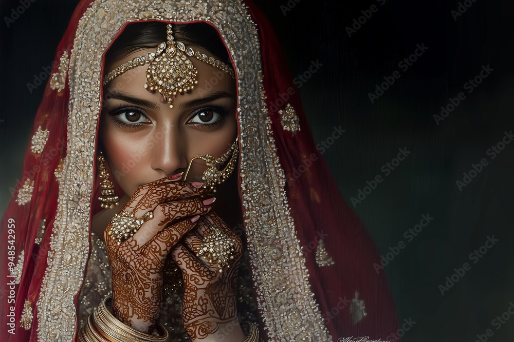 An Indian bride in traditional wedding attire with a red veil and gold ...
