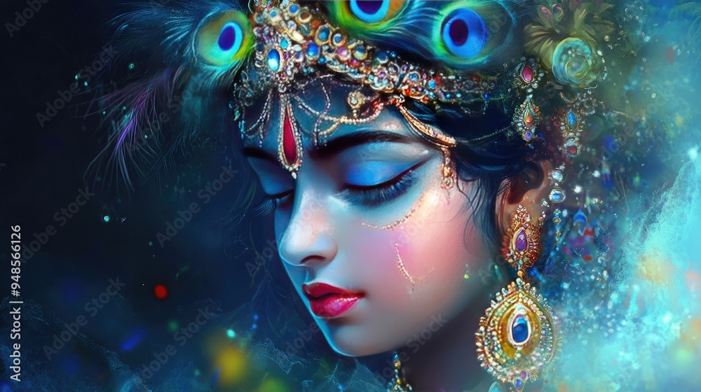Stunning digital painting of Lord Krishna with a peacock feather crown ...