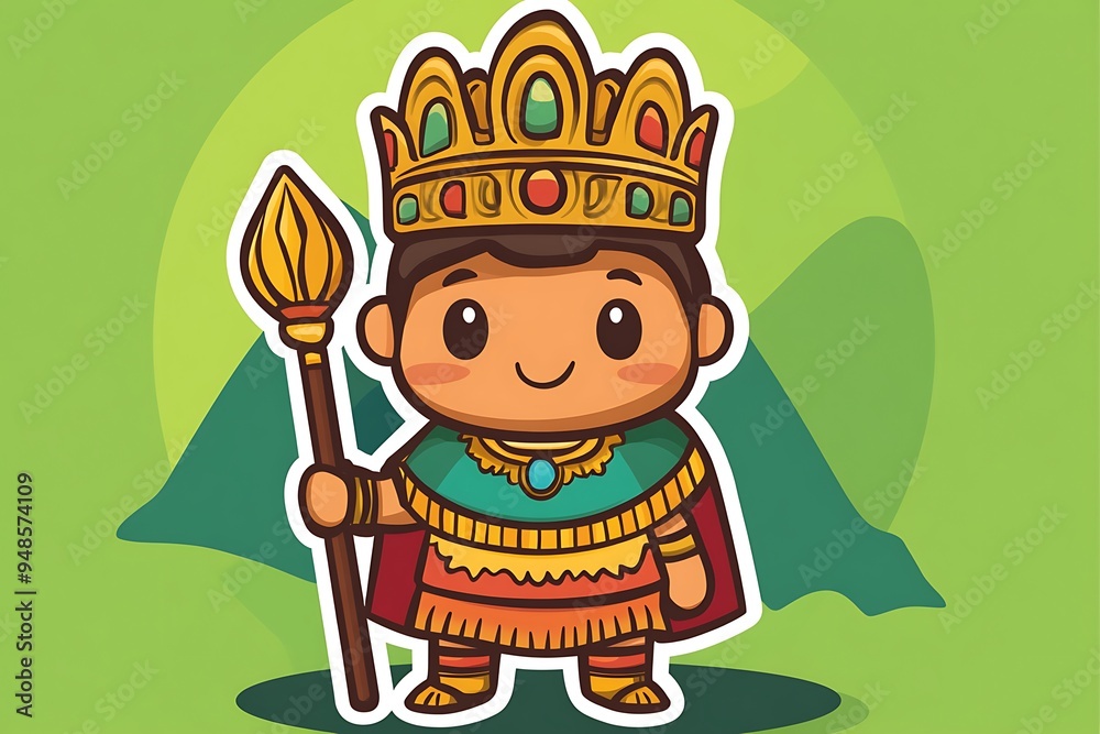 Cartoon Incan Emperor with Golden Crown and Staff in Chibi Style ...