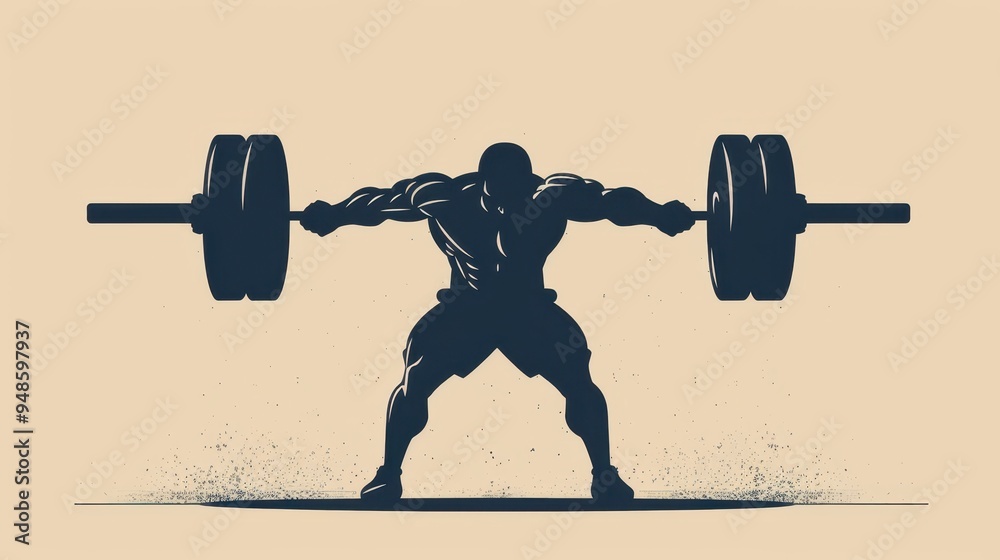 Vector silhouette of a weightlifting athlete performing a heavy barbell ...