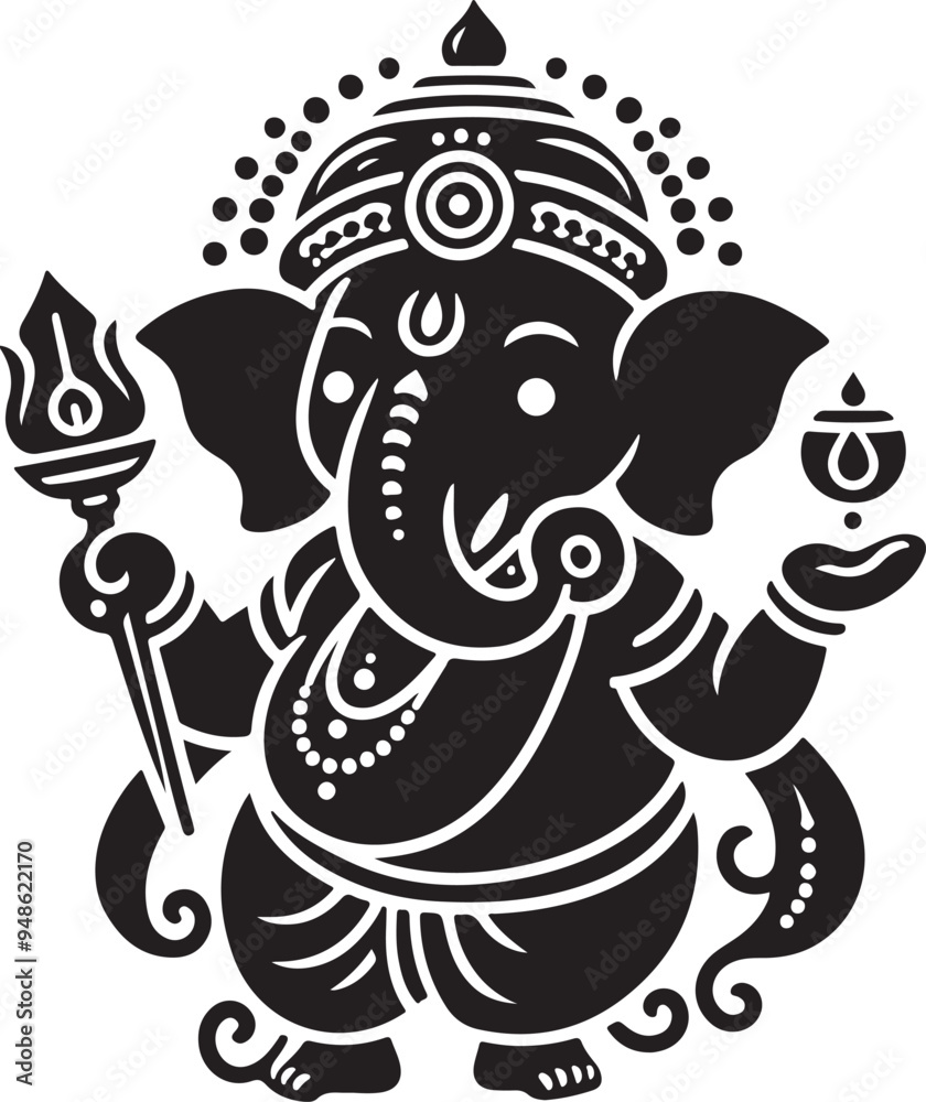 Indian God Ganapati Simple 2D Cute Single Characters with Silhouette ...