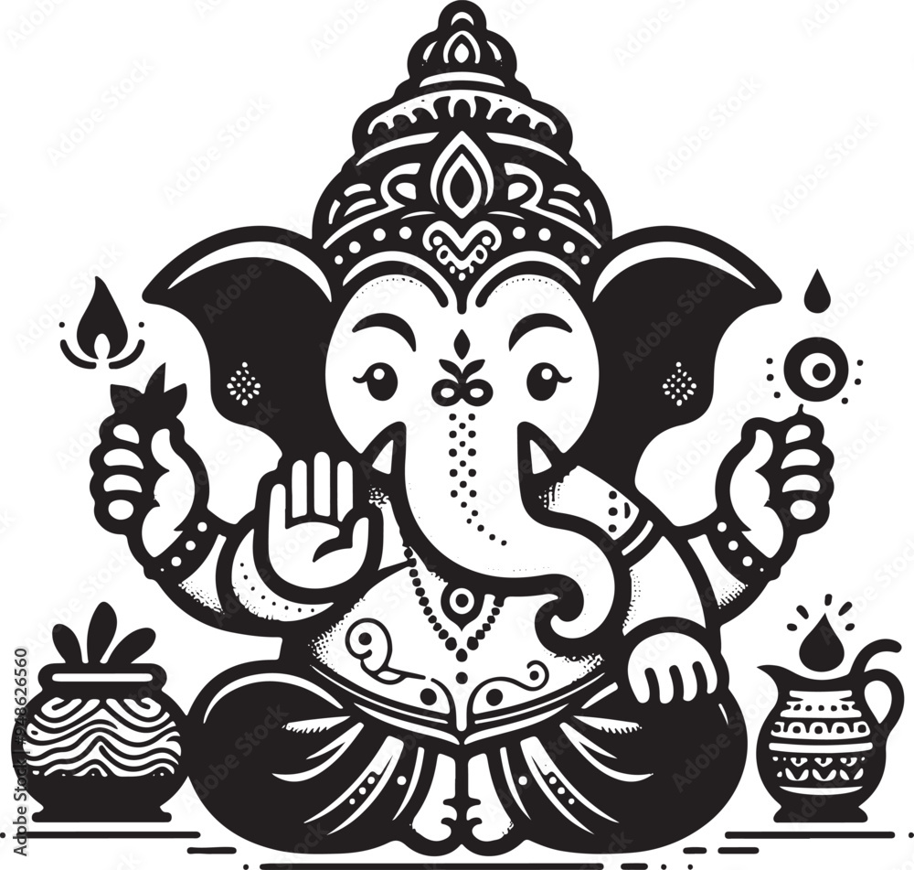 Indian God Ganapati Simple 2D Cute Single Characters with Silhouette ...