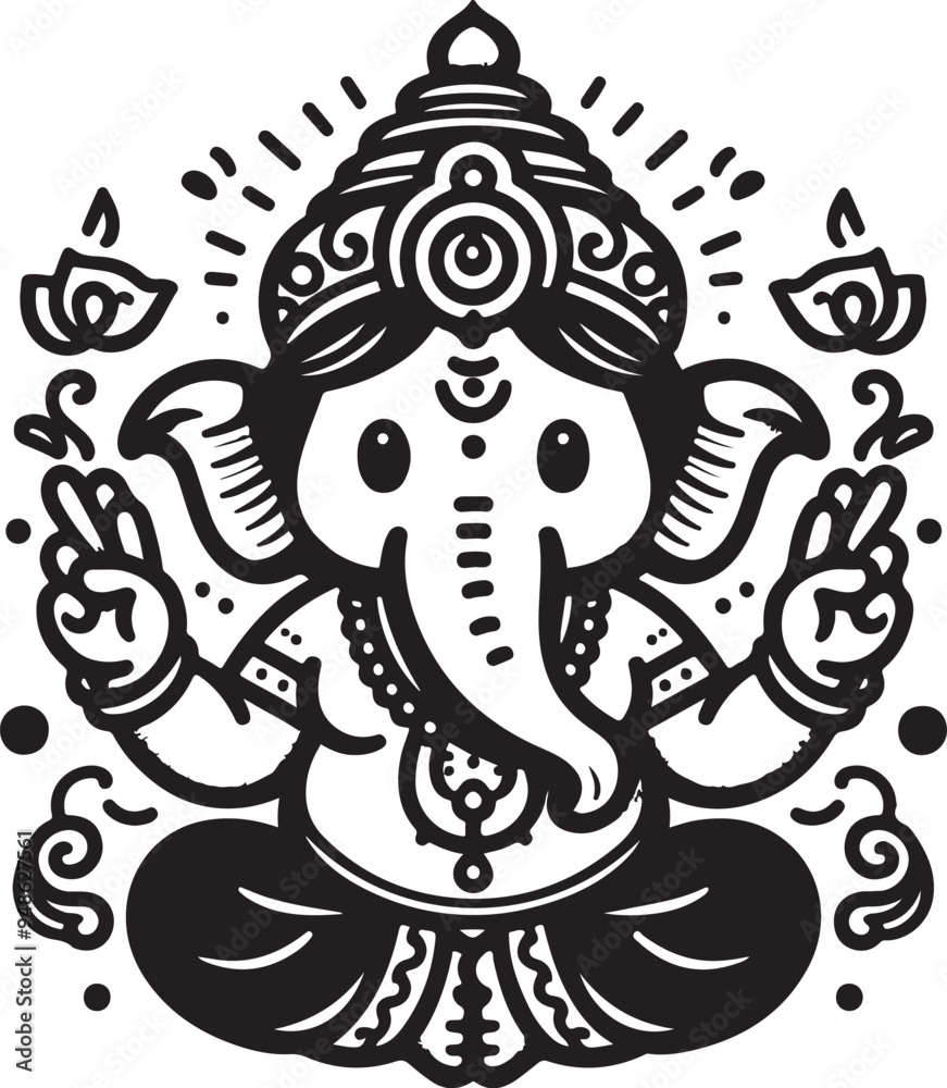 Indian God Ganapati Simple 2D Cute Single Characters with Silhouette ...