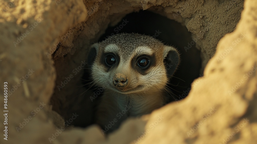 Curious Meerkat Peeking from Burrow in Desert Landscape Stock Photo ...