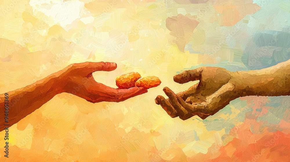An illustration of diverse hands reaching out to offer food to a ...