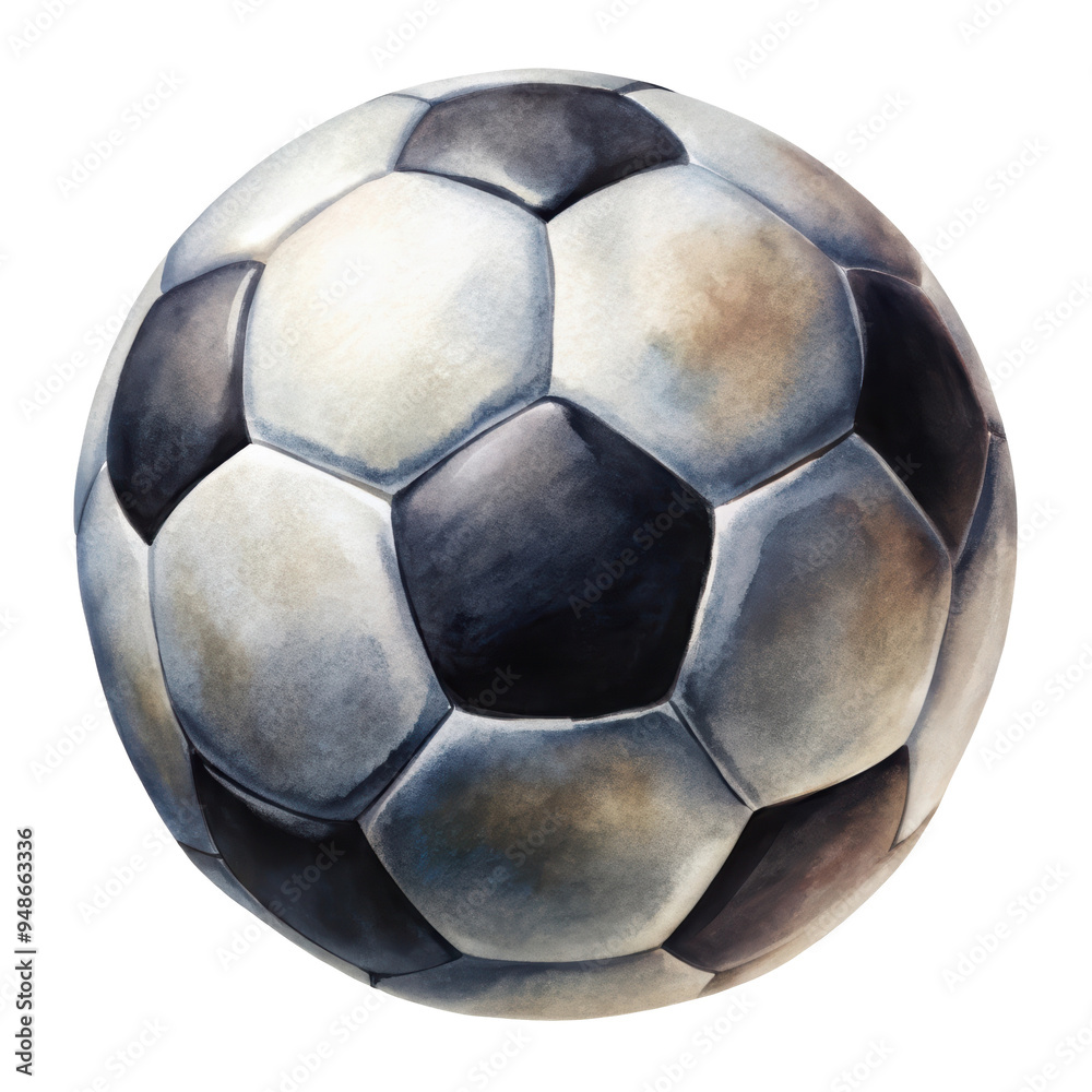 Watercolor illustration of a soccer ball with black and white panels ...