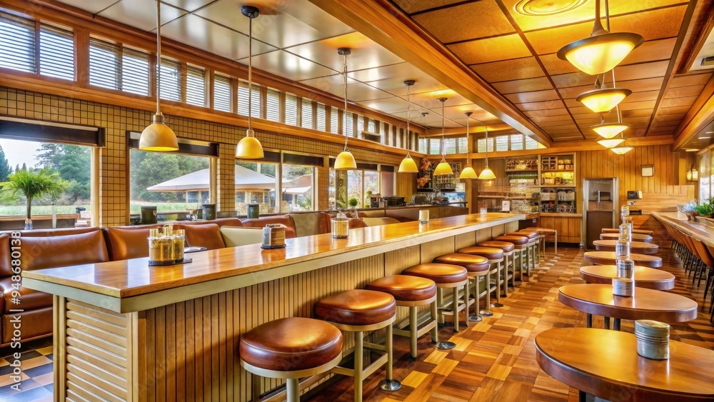 Realistic stock photography of a modern pancake house bar with a ...