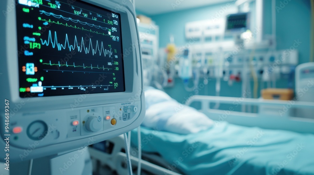 A hospital room with advanced life support machines monitoring a ...