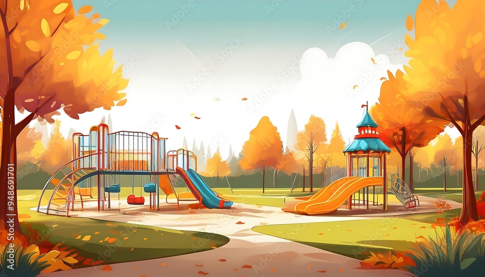 Pixelated Playground in Autumn - cartoon-style park playground with ...