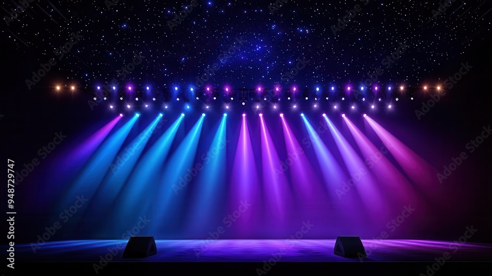 Stage lights casting a deep purple and blue wash over a starry sky ...