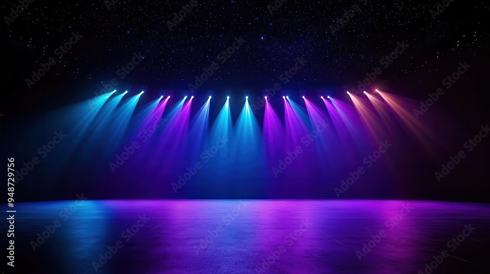 Stage lights casting a deep purple and blue wash over a starry sky ...