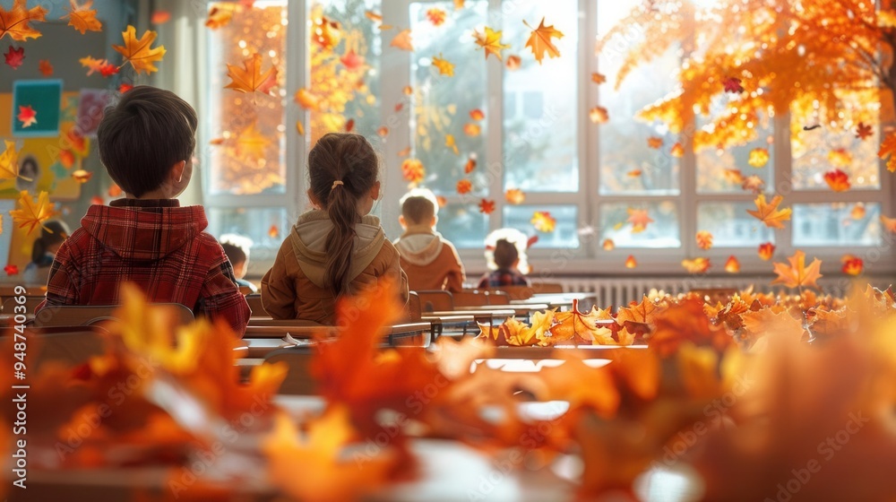 Teacher explaining a lesson in an autumn-decorated classroom, students ...