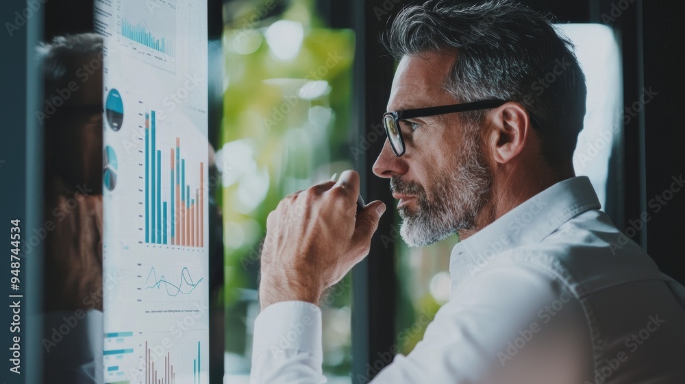 Businessman analyzing data on a screen, contemplating strategy. Stock Illustration | Adobe Stock