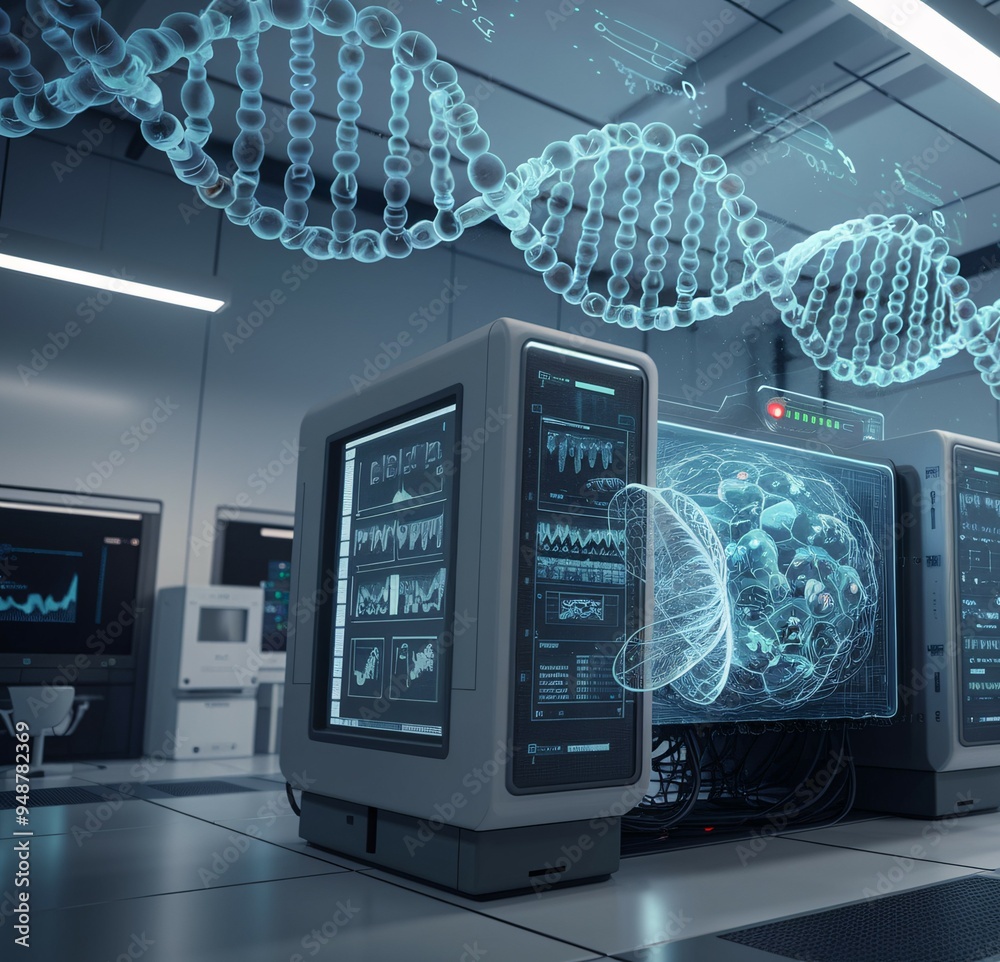 DNA & AI: A futuristic medical lab, illuminated by glowing blue DNA strands, with advanced ...