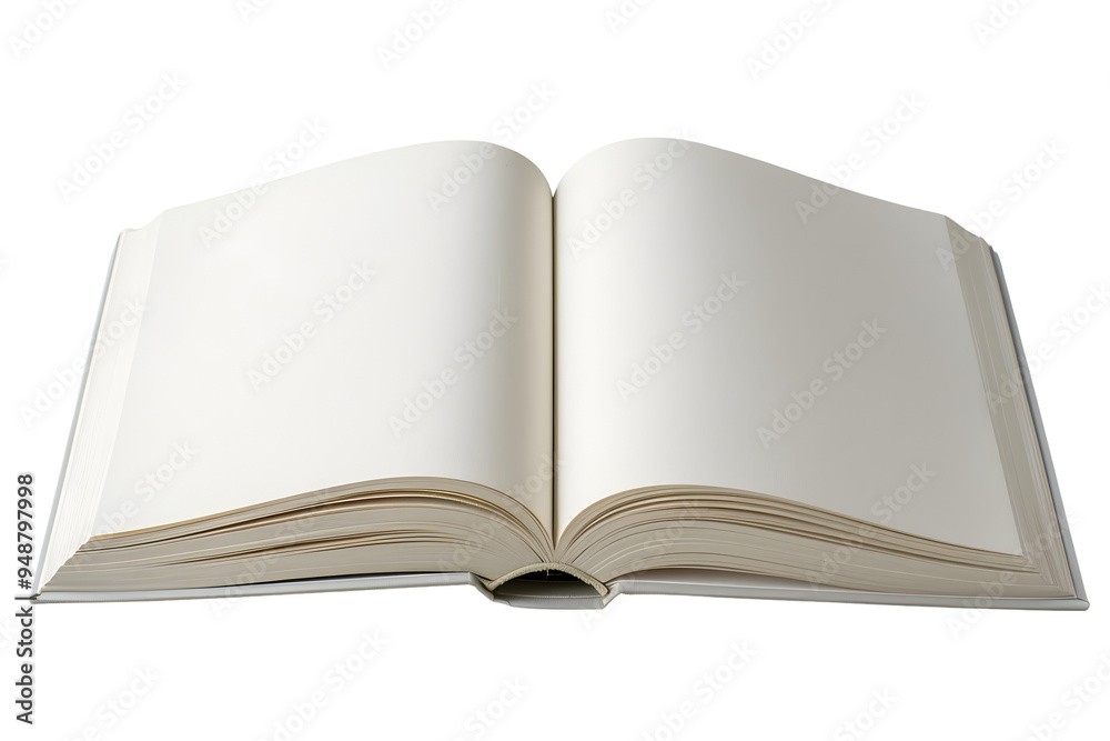 Open blank book mockup with white paper pages isolated on transparent ...