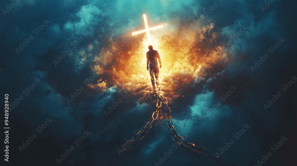 Salvation concept, man breaking from chains of sins, emerging into a ...