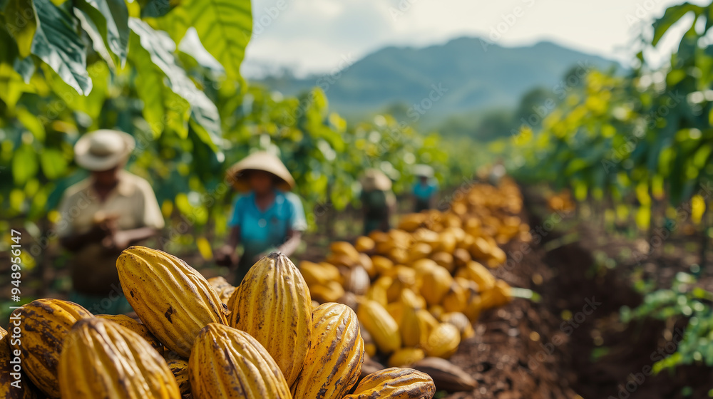Chocolate cacao farm, cocoa plantation in asia, with farmers harvesting ...