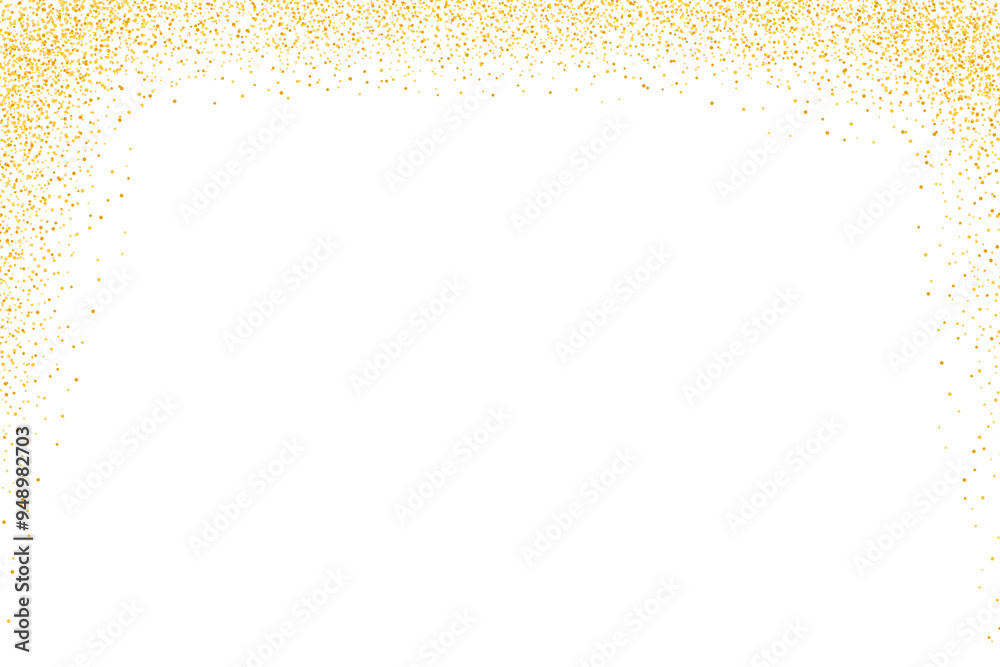 Magical gold glitter particle border frame isolated on transparent background. Falling golden ...