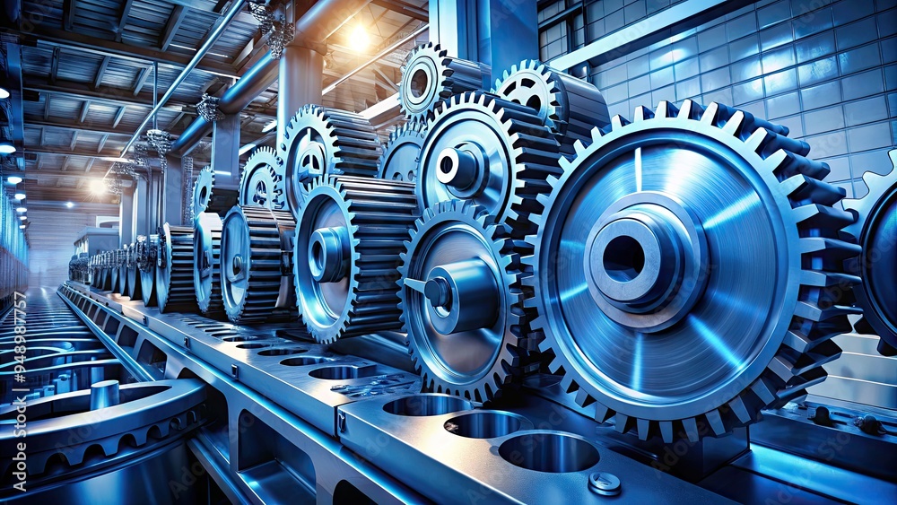 Blue-toned industrial landscape featuring large, interlocking gears and ...