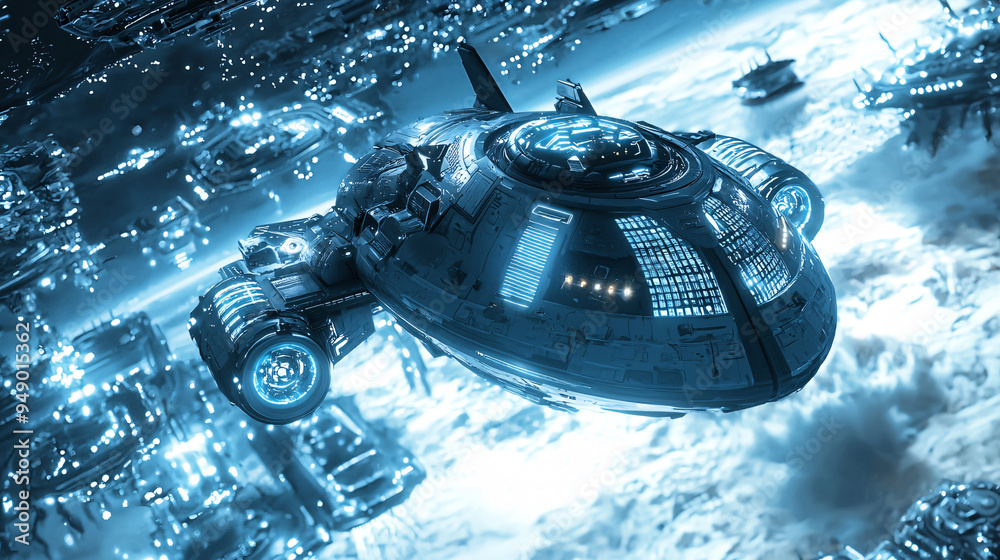 Sci-fi spacecraft landing on a futuristic planet with advanced energy ...