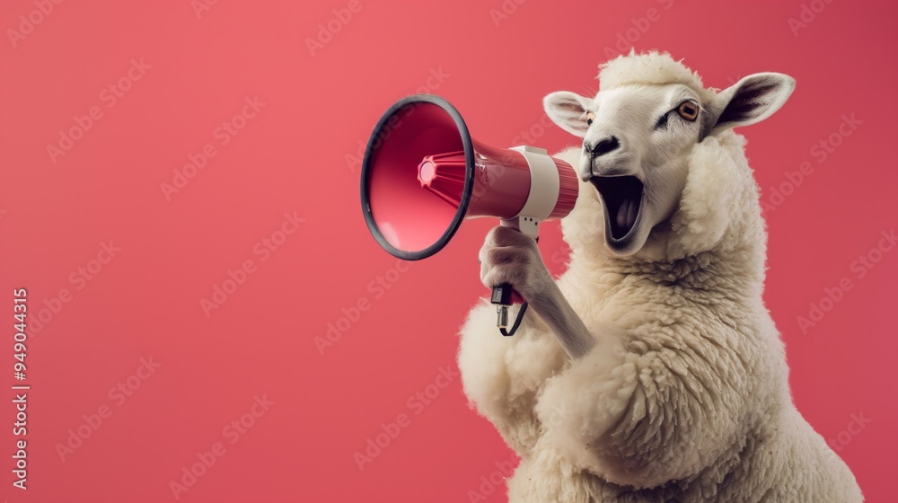 A sheep holds a megaphone and appears to be shouting, creating a funny ...