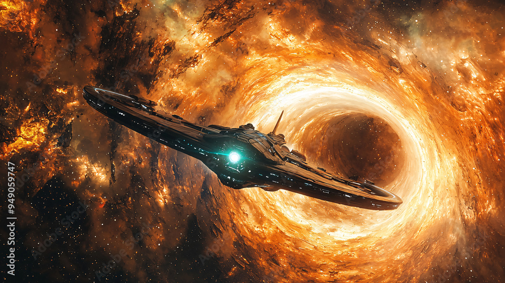 A photorealistic CGI render of an interstellar spaceship entering a ...