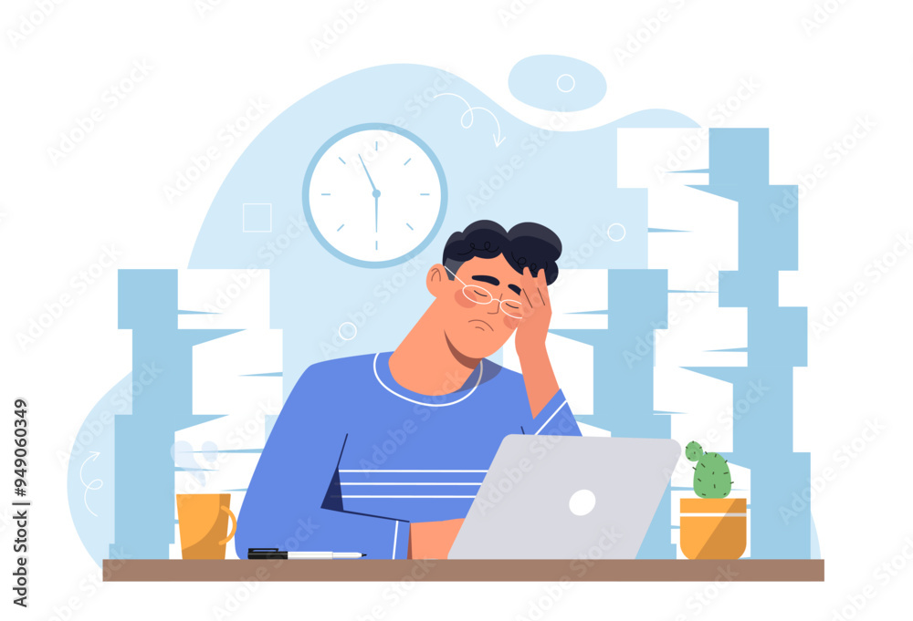 Overload at work. Tired young guy sitting with laptop near documents ...