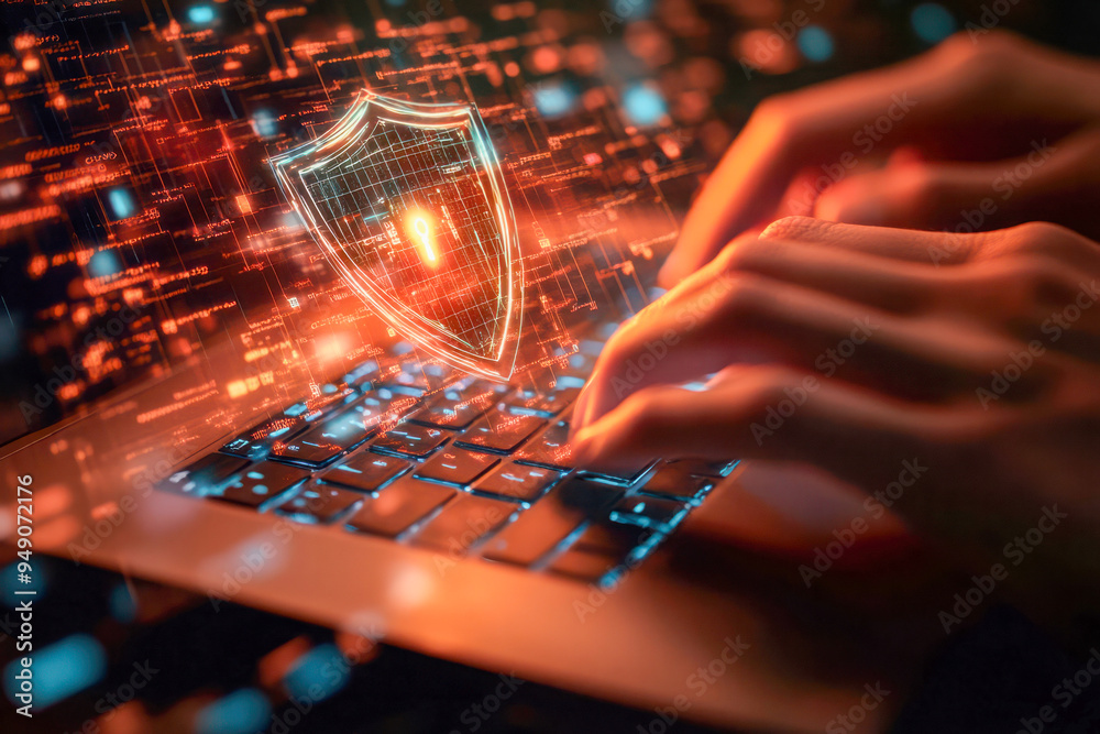 Hands typing on a laptop keyboard with a glowing shield icon, representing cybersecurity and ...