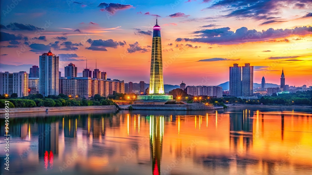 Majestic Juche Tower stands proudly on Pyongyang's riverside, its ...