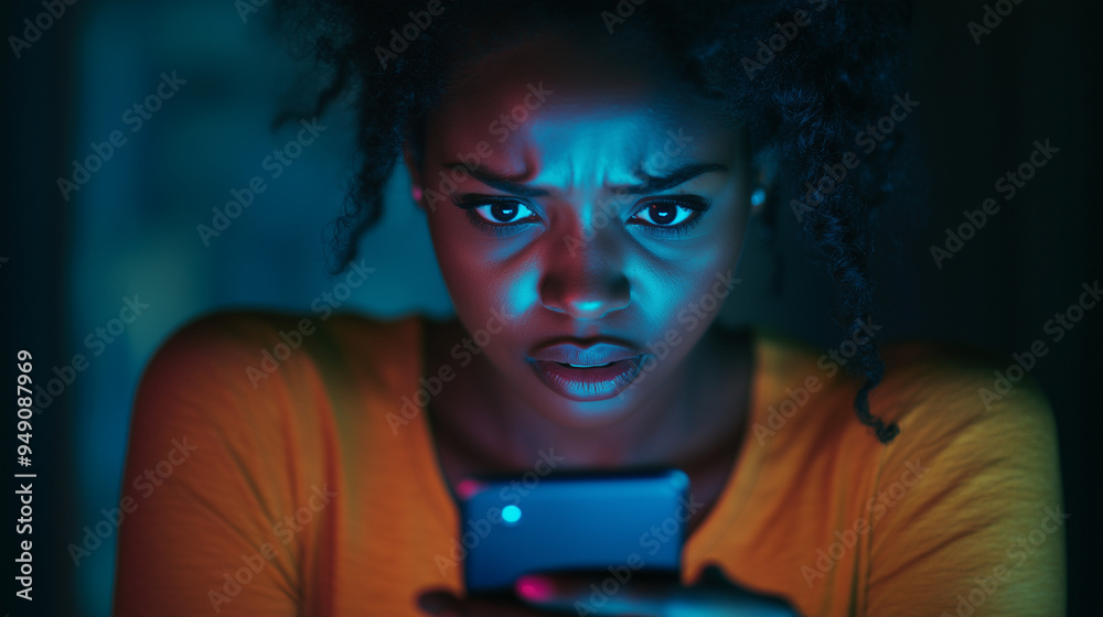 A young black woman or girl looks at her phone with an expression of ...