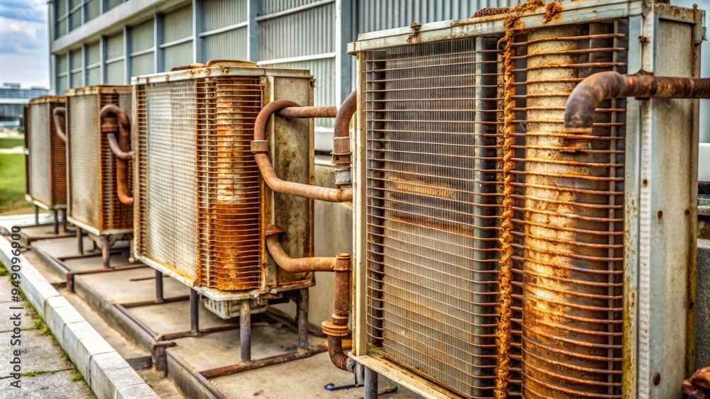 Rusted and dirty air conditioning condenser coils outside a modern ...