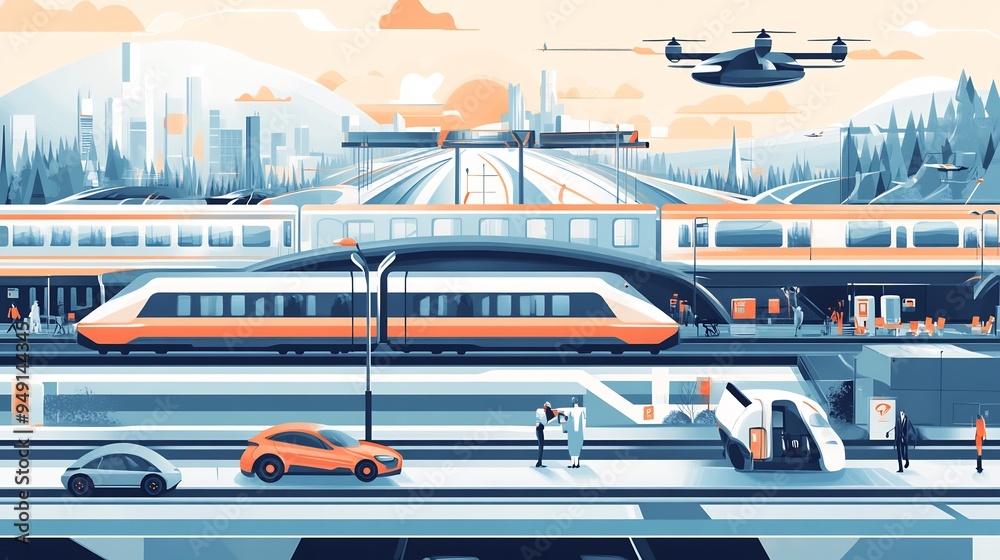 Vector of a futuristic transportation system with highspeed trains ...