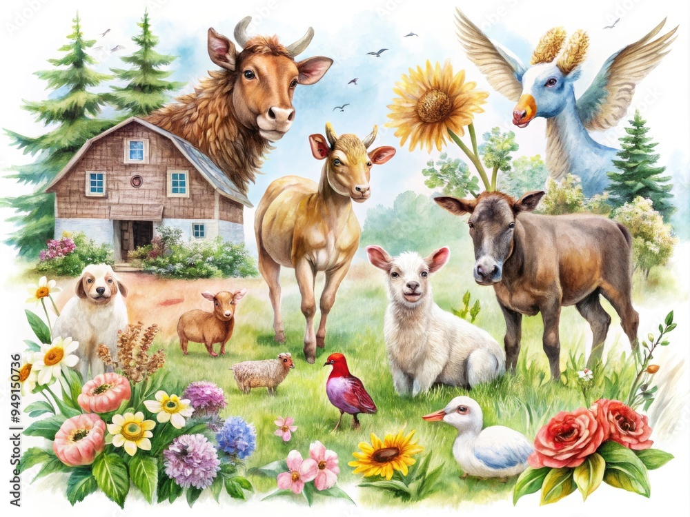 watercolor farm animal illustrations set clipart detailed realistic ...