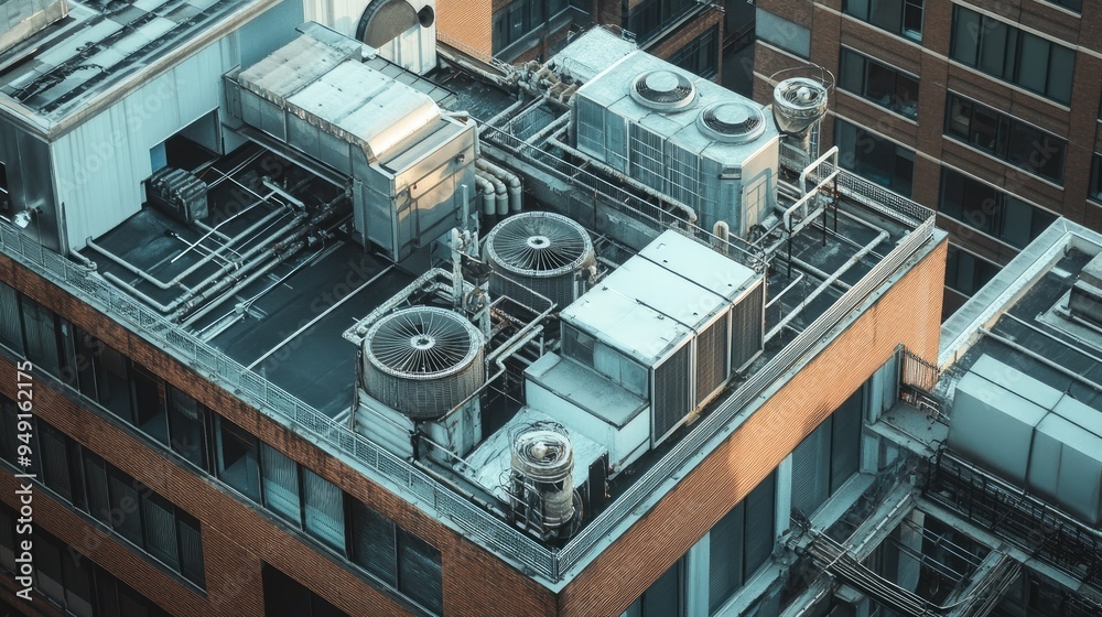 Rooftop HVAC systems and industrial equipment on a commercial building ...