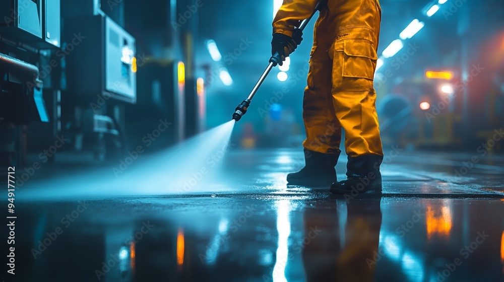 Worker using a high-pressure cleaner, removing grime from a concrete ...