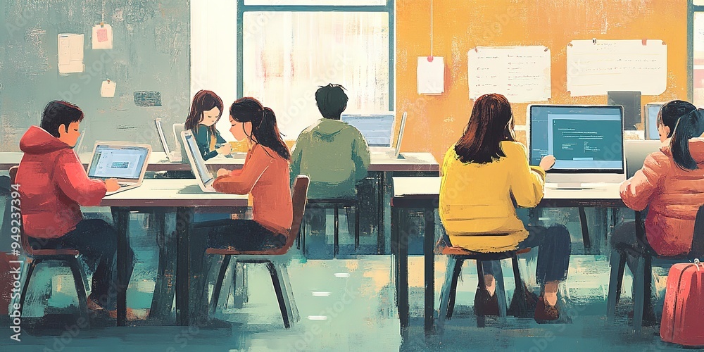 virtual classrooms and online learning setups art Stock Illustration ...