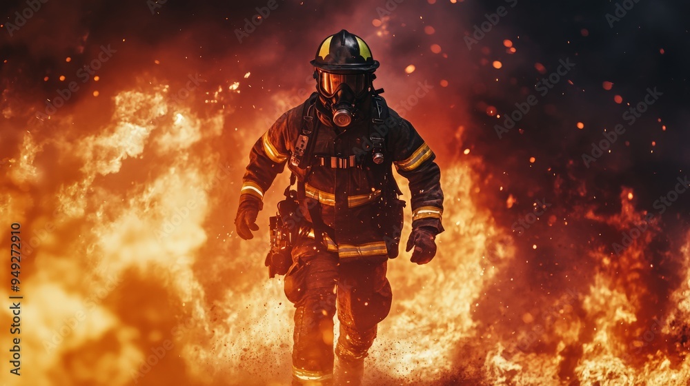 Brave firefighter in full gear walking through intense flames ...
