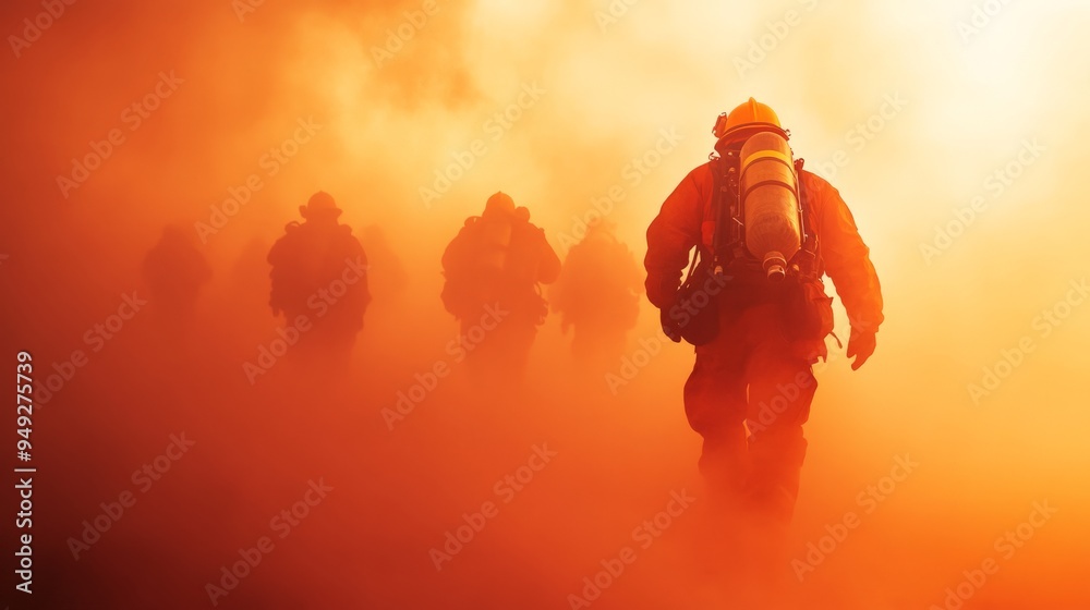Brave firefighters in protective gear walking through thick smoke ...