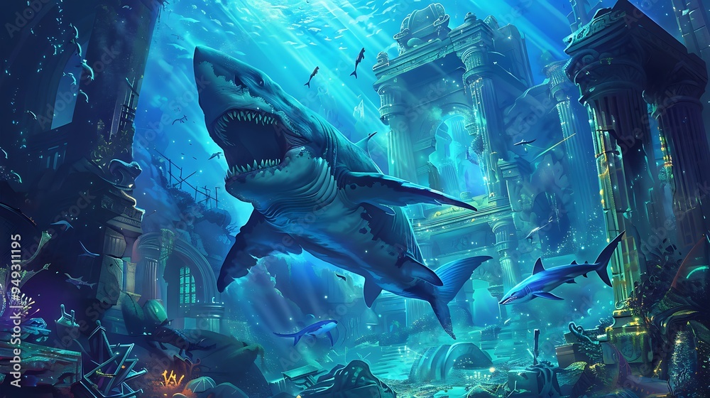Mythical underwater scene where Megalodon depicted guardian of a sunken ...