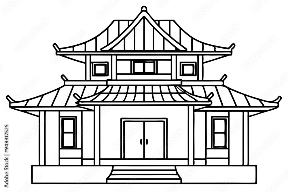 Chinese house line art vector illustration, chinese building outline ...