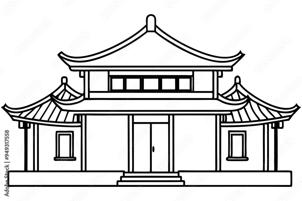 Chinese house line art vector illustration, chinese building outline ...