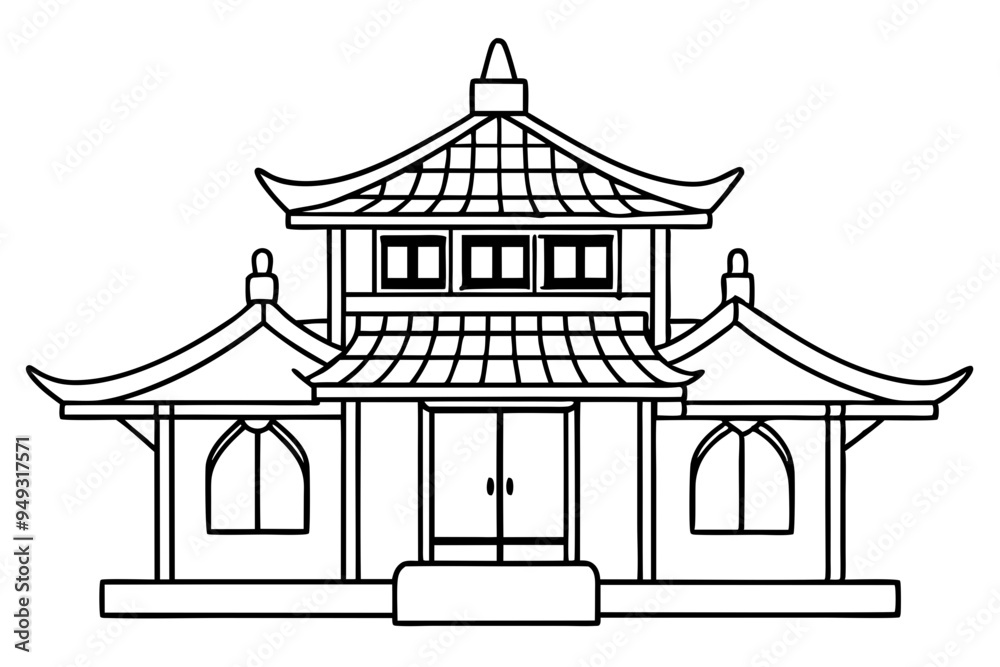 Chinese house line art vector illustration, chinese building outline ...