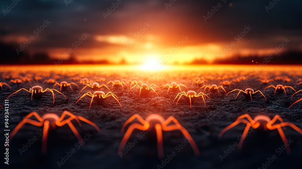 A stunning sunset illuminates a ground covered with silhouetted spiders ...