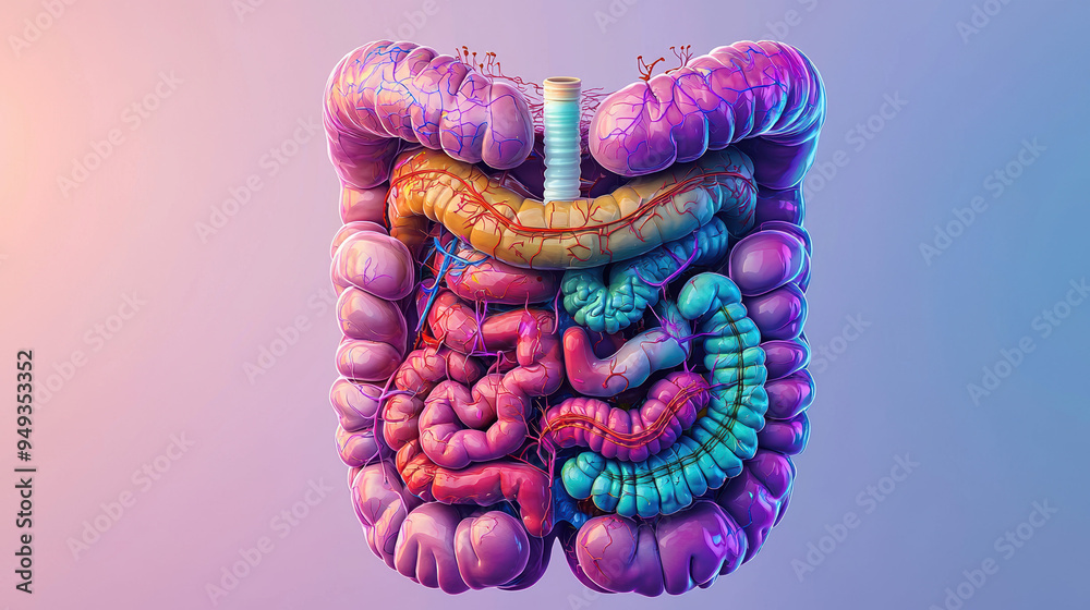 A detailed anatomical illustration of the human digestive system, with ...